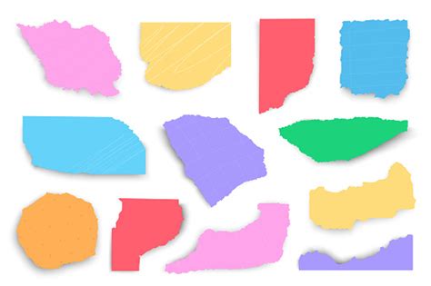 찢어진 종이는 3d 사실적인 디자인으로 메가 세트입니다 다양한 유형의 밝고 다채로운 찢어진 노트북 페이지와 울퉁불퉁 한 가장자리가있는 스트립 요소를 번들로 묶습니다 벡터