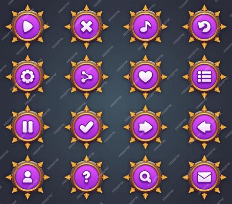 만화 스타일의 보라색 버튼 세트 2d 게임 만화 캐주얼 버튼 키트를 만들기 위해 Gui 프리미엄 벡터