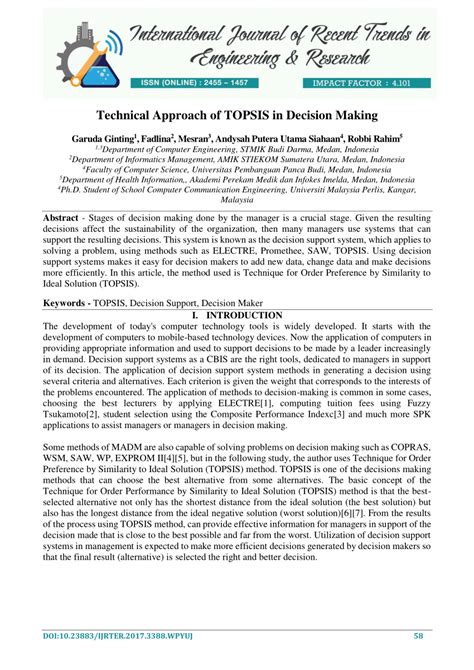 Pdf Technical Approach Of Topsis In Decision Making