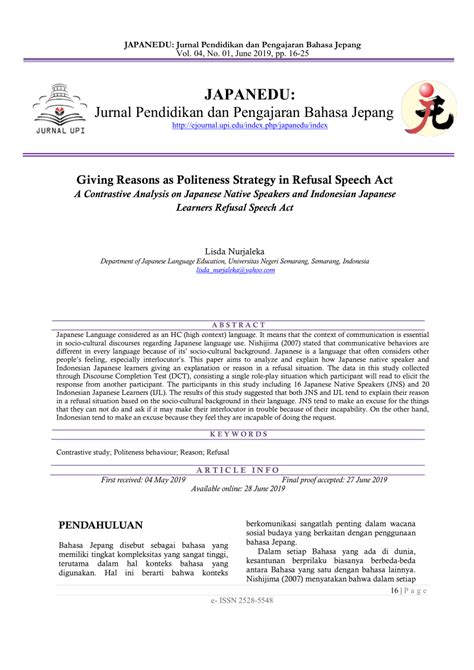 Pdf Giving Reasons As Politeness Strategy In Refusal Speech Act A Contrastive Analysis On