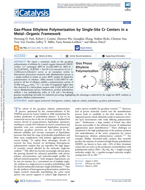 Pdf Gas Phase Ethylene Polymerization By Single Site Cr Centers In A Metal−organic Framework