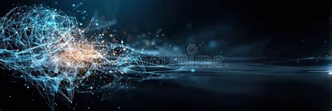 Abstract Glowing Brain Evolving From Raw Data Particles Represents The Fusion Of Technology And