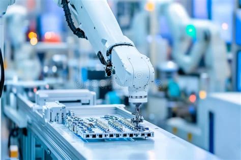 Robotic Arm Assembling Circuit Boards In A High Tech Manufacturing