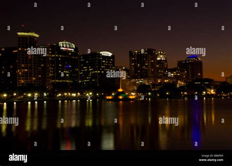 Orlando Florida Skyline At Night Exposure From Lake Eola And