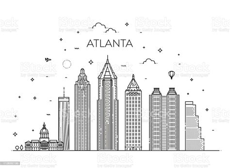 애 틀 란 타 건축 선 스카이 라인 일러스트입니다 유명한 랜드마크와 선형 벡터 풍경 애틀랜타에 대한 스톡 벡터 아트 및 기타 이미지 애틀랜타 스카이라인 라인아트