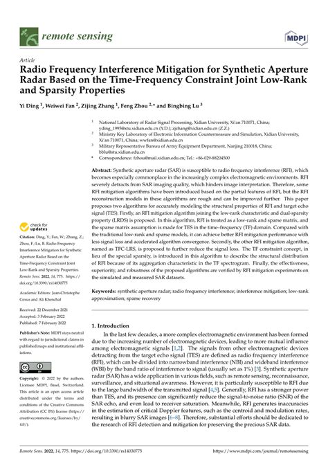 Pdf Radio Frequency Interference Mitigation For Synthetic Aperture Radar Based On The Time