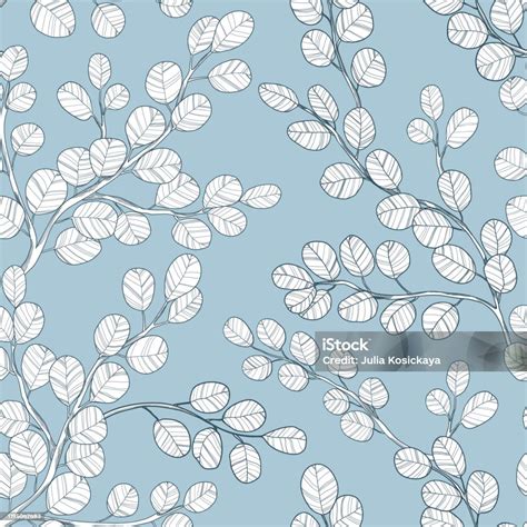 유칼립투스 분기 손으로 그린 벡터 파란색 배경에 라인 아트 스타일의 원활한 패턴 유칼립투스 분기와 잎 배경 포장지 벽지 섬유