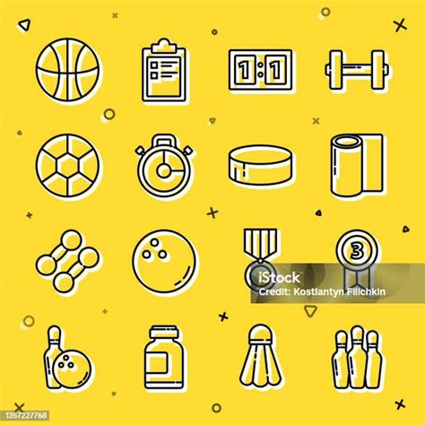 세트 라인 볼링 핀 메달 피트니스 매트 롤 스포츠 기계 점수 판 스톱워치 축구 공 농구 및 하키 퍽 아이콘 벡터 건강한 생활방식에 대한 스톡 벡터 아트 및 기타 이미지