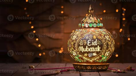 Ai Generated Intricately Decorated Lamp Bearing Eid Mubarak Wishes Festive Vibes Stock