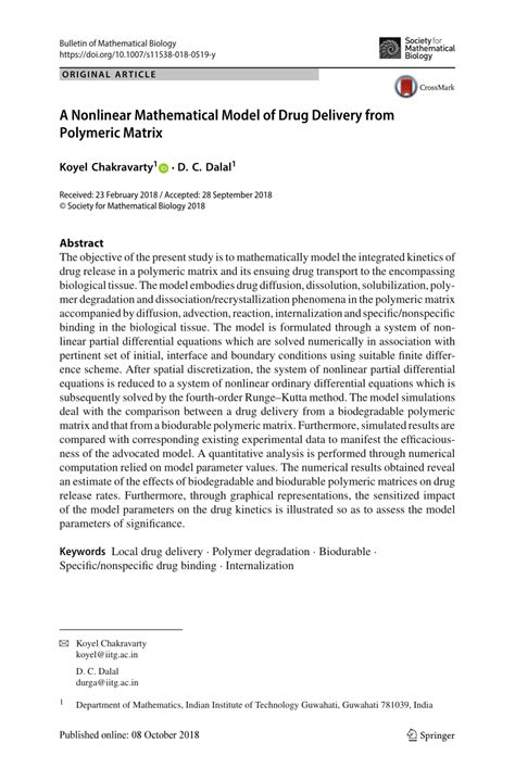 Pdf A Nonlinear Mathematical Model Of Drug Delivery From Polymeric Matrix