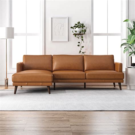 Mid Century Modern Sectional Sofa In Tan Leather Left Facing Chaise