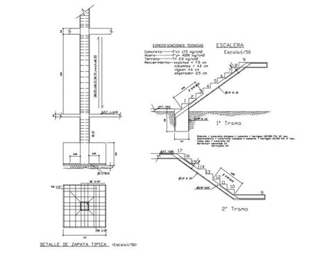 Staircase Section Construction And Column Cad Drawing Details Dwg File