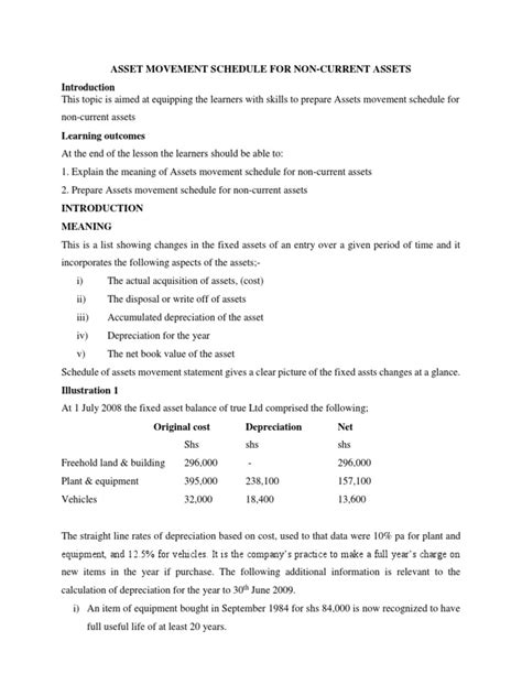 Movement Schedule Of Non Current Assets Download Free Pdf