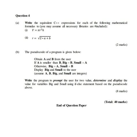 Solved Question 4 A Write The Equivalent C Expressions