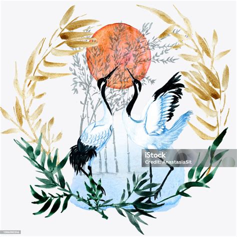 수채화 도면 회색 헤론이 호수에 서 있다 일본 빈티지 종이 골든 프레임 일러스트레이션 아시아 모티브가 있는 포스터 대두의 새들 벽에 인쇄 엽서 초대 갈대속 벼과에 대한 스톡