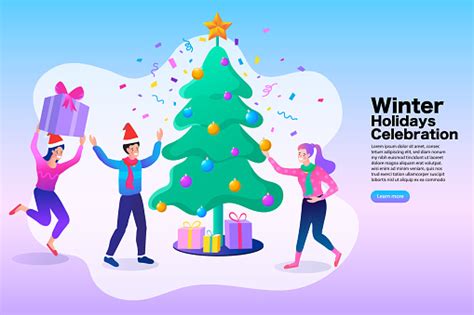 행복한 사람들은 함께 크리스마스 트리와 선물 상자를 장식합니다 플랫 벡터 일러스트레이션 사람들에 대한 스톡 벡터 아트 및 기타