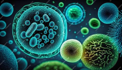 Tiro Macro De Diferentes Tipos De Microbios Células De Virus Y Bacterias Sobre Fondo Abstracto