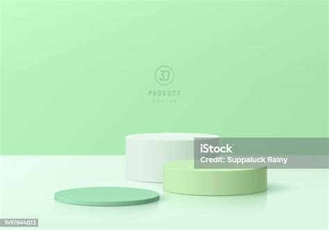 사실적인 흰색과 밝은 녹색 실린더 받침대 연단이 있는 3d 배경 벽 최소 모형 화장품 디스플레이 추상적인 기하학적 플랫폼 라운드 스테이지 쇼케이스 벡터 렌더링 0명에 대한