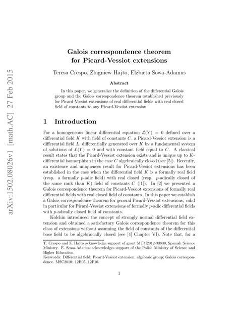 Pdf Galois Correspondence Theorem For Picard Vessiot Extensions