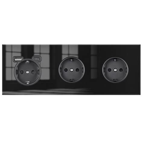 Розетка черная тройная с Usb и Type C входами 3 поста рамка закаленное стекло 224mm 82mm купить