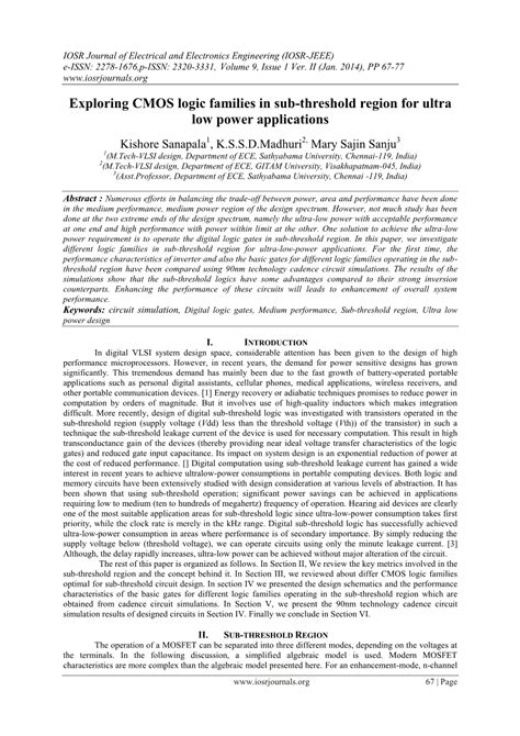 Exploring Cmos Logic Families In Sub Threshold Region For Ultra Low Power Applications Docslib