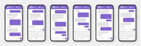 메시징 응용 프로그램과 현실적인 스마트 폰 빈 sms 텍스트 프레임입니다 보라색 메시지 거품 대화 채팅 화면 소셜 미디어 응용