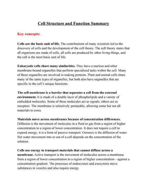 Cell Structure And Function Summary Cell Structure And Function