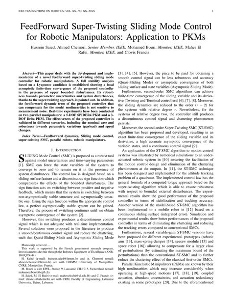Pdf Feedforward Super Twisting Sliding Mode Control For Robotic Manipulators Application To Pkms