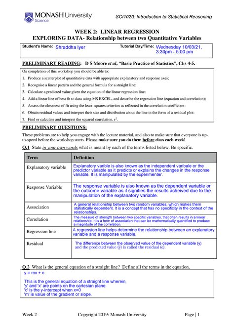 Week 02 Worksheet For Introduction To Statistical Reasoning Sci1020 Introduction To