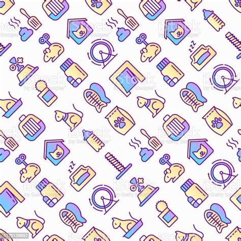 얇은 라인 아이콘 고양이 가게 원활한 패턴 운송 위생 칼라 문 장난감 피더 긁힘 쓰레기 판잣집 교육 가방 현대 벡터 그림입니다 깃에 대한 스톡 벡터 아트 및 기타 이미지