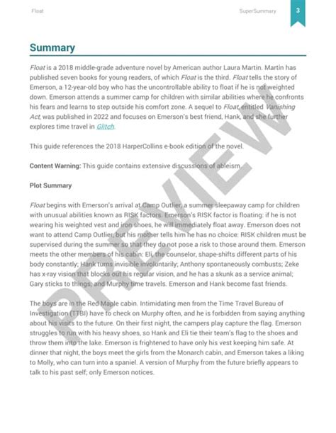 Float Literature Guide By Supersummary Tpt