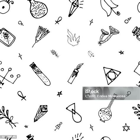 흰색 배경에 다양한 난해 점성술 및 연금술 기호와 신비주의 마법 종교와 신비주의의 주제에 벡터 원활한 배경 마커와 손 낙서 벡터 그림입니다 0명에 대한 스톡 벡터 아트 및