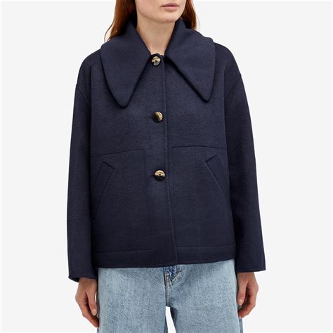 Ganni Wool Wide Collar Jacket Sky Captain End Us