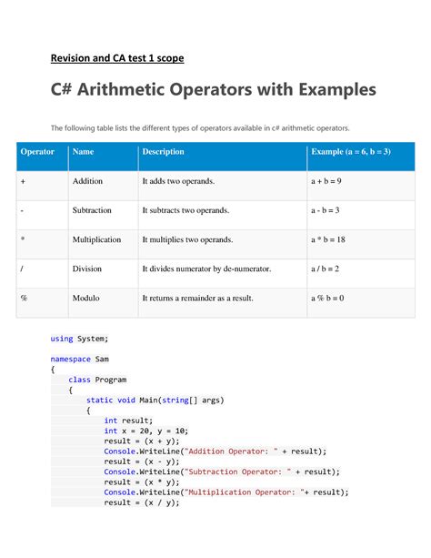 C Sharprevision And Ca Test 1 Scope Revision And Ca Test 1 Scope