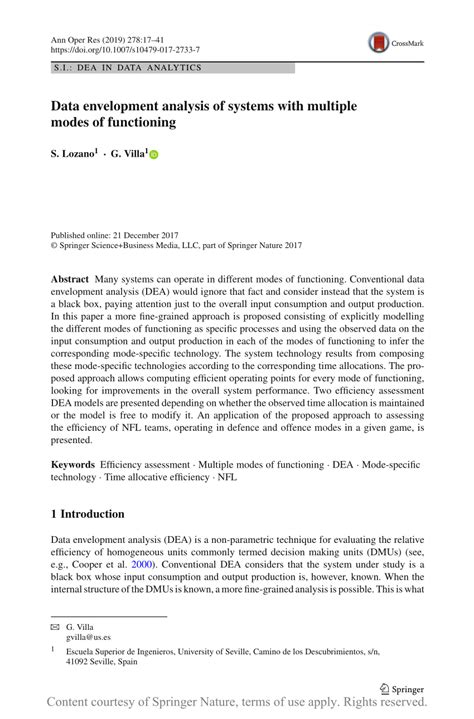 Data Envelopment Analysis Of Systems With Multiple Modes Of Functioning Request Pdf