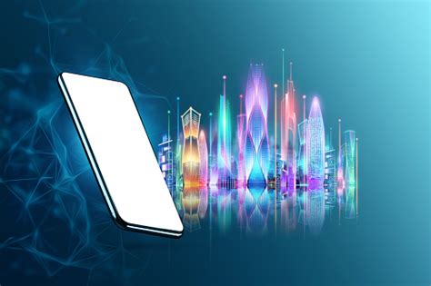 스마트폰과 홀로그램 스마트 시티 빅 데이터 전송 기술 개념 3d 렌더링 3d 일러스트레이션 0명에 대한 스톡 사진 및 기타