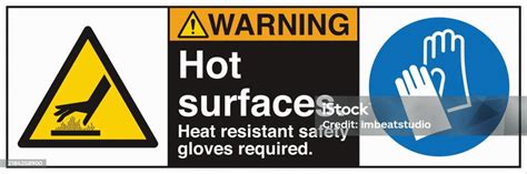 Ansi Z535 안전 표지 마킹 라벨 2 기호 픽토그램 표준 경고 뜨거운 표면 내열성 안전 장갑 텍스트 풍경 검정색에 필요 0명에 대한 스톡 벡터 아트 및 기타 이미지