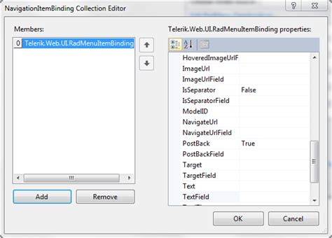 telerik web forms menu design time navigationitembinding collection editor telerik ui for asp