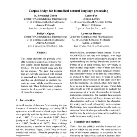 Corpus Design For Biomedical Natural Language Processing Acl Anthology