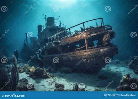 Scuba Divers Exploring A Sunken Shipwreck Underwater Mysteries High Quality Generative Ai