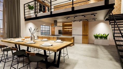 3d 렌더링 인테리어 하우스 현대 오픈 거실 공간 부엌 로프트 스타일 듀플렉스 아파트 레지던스 홈 장식 고급 인테리어 디자인입니다 0명에 대한 스톡 사진 및 기타 이미지