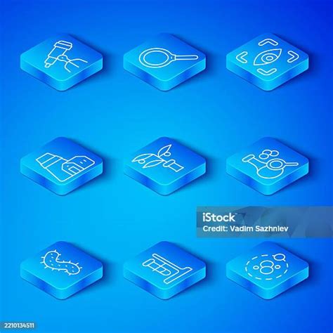 라인 설정 바이러스 식물 육종 시험관 플라스크 스탠드 눈 스캔 발전소 공장 망원경과 원자 아이콘 벡터 3차원 형태에 대한 스톡 벡터 아트 및 기타 이미지 Istock