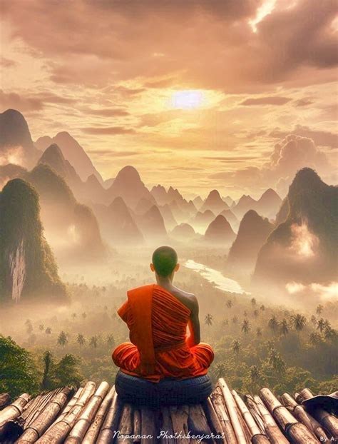 พระสงฆ์นั่งmeditationท่ามกลางธรรมชาติที่สวยงาม ภาพพระพุทธศาสนาจาก A I ชุดที่ 3 Artificial