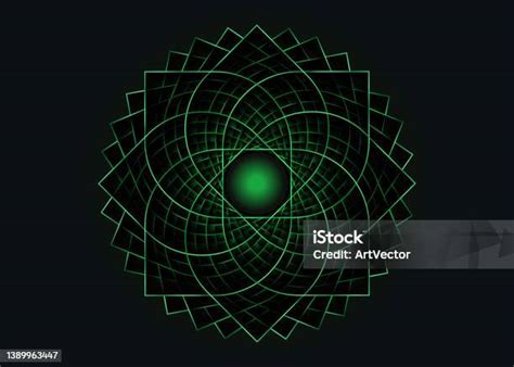 녹색 연꽃 만다라 생명의 씨앗 의 씨앗 신성한 기하학 네 번째 차크라 연금술 난해 꽃의 네온 기하학적 신비성 만다 검은 배경에 고립 된 벡터 신성한 명상 부적 Sacred