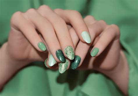 Female Hands With Green Nail Design Glitter Nail Polish Manicure Stock