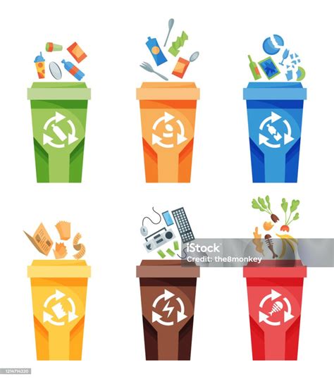 쓰레기 수거 재활용 다른 유형의 쓰레기 플라스틱 용기 쓰레기 통 개념 로고입니다 만화 스타일의 벡터 일러스트레이션 3차원 형태에 대한 스톡 벡터 아트 및 기타 이미지