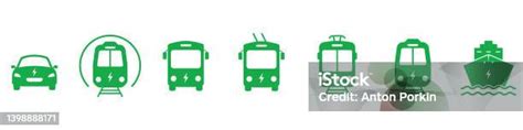전기 에코 차량 실루엣 그린 아이콘 세트 생태 대안 하이브리드 전기 대중 교통 픽토그램 전기 버스 자동차 선박 트램 지하철 기차