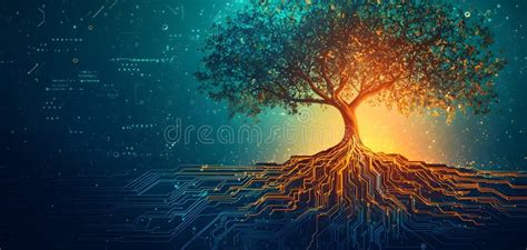 The Fusion Of Nature And Technology A Majestic Tree Rooted In Digital Connections And Light