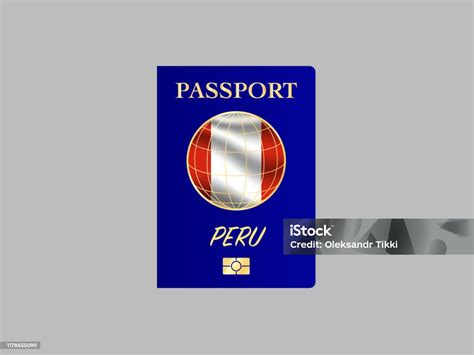 생체 인식 디지털 데이터 칩 사실적인 파란색 커버 아이콘 로고 광고 웹에 대한 황금 글자 벡터 일러스트와 국제 여권 페루 국기