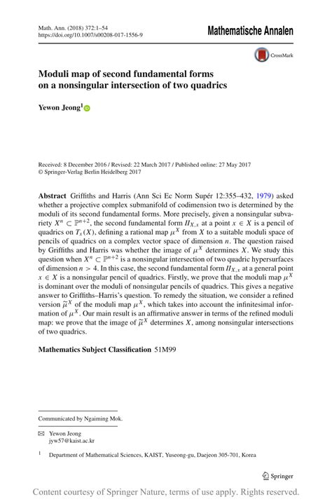 Moduli Map Of Second Fundamental Forms On A Nonsingular Intersection Of Two Quadrics Request PDF